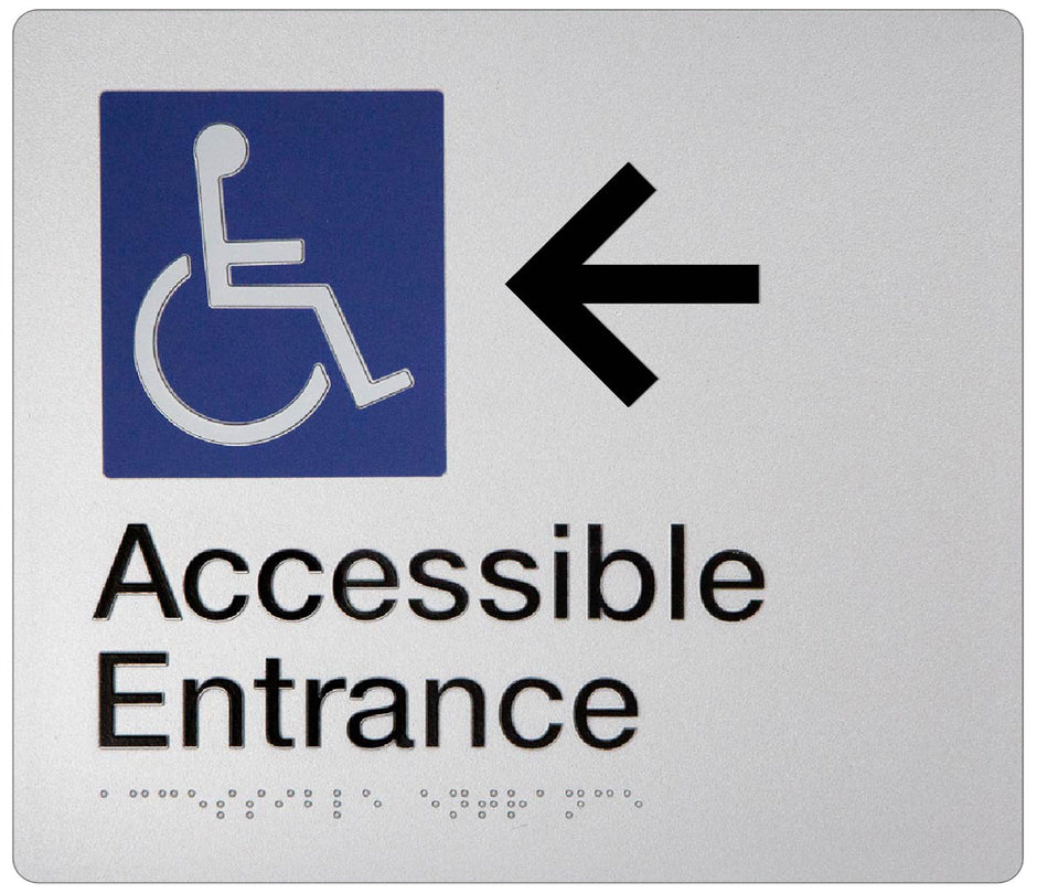 Braille & Tactile Accessible Entrance Sign with Left Directional Arrow ...